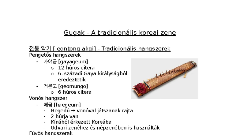 Gugak - Hagyományos Koreai Zene és Hangszerek Óra - Studocu