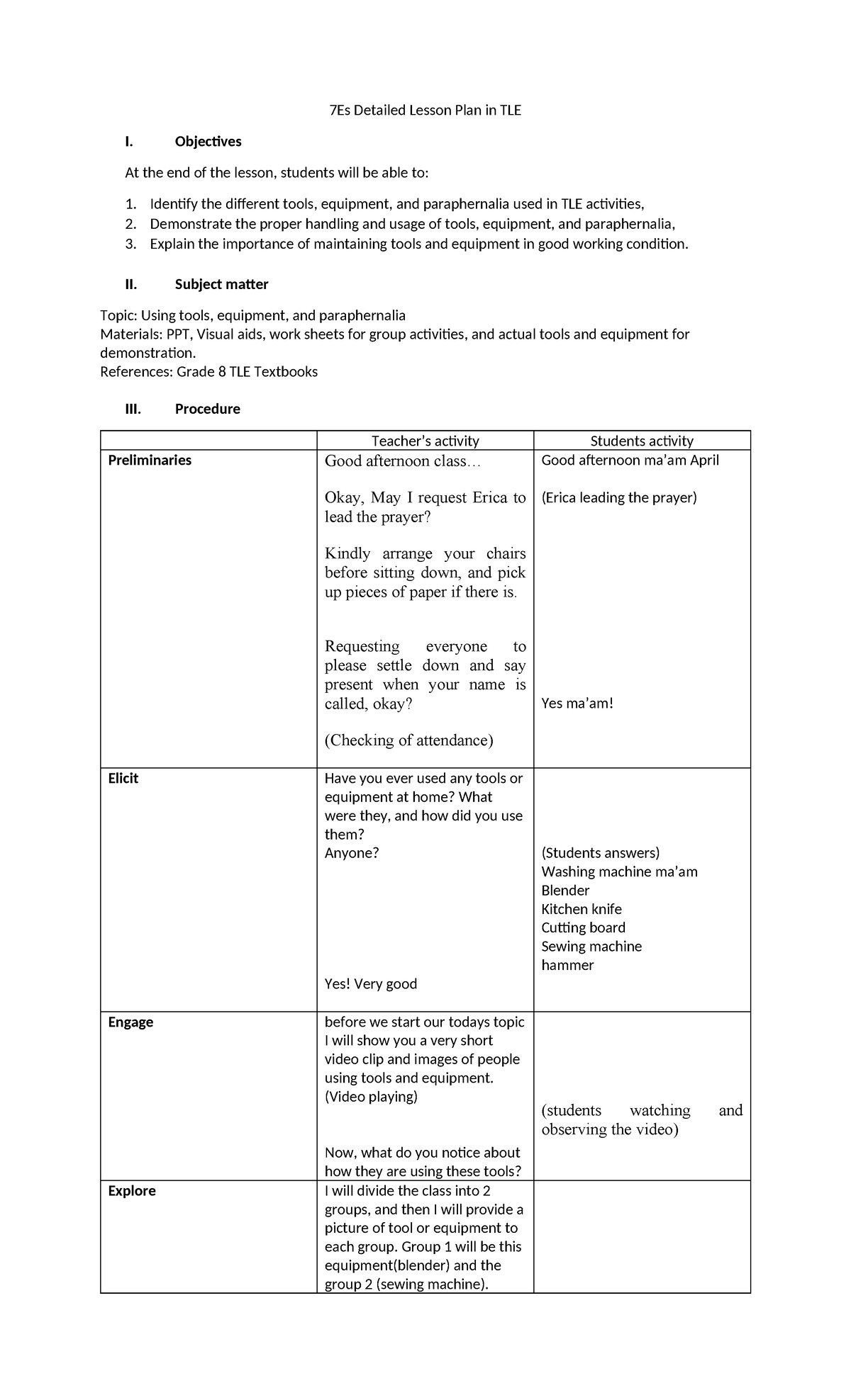 Detailed 7Es Lesson Plan for TLE: Tools & Equipment Usage - Studocu