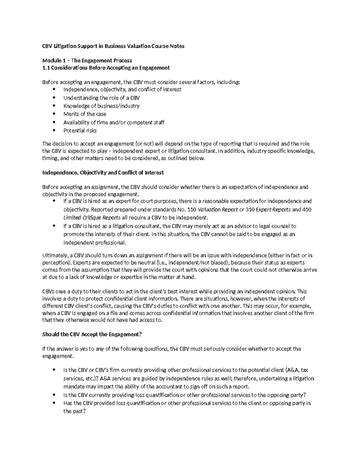 CBV Litigation Support in Business Valuation: Module 1 Engagement ...