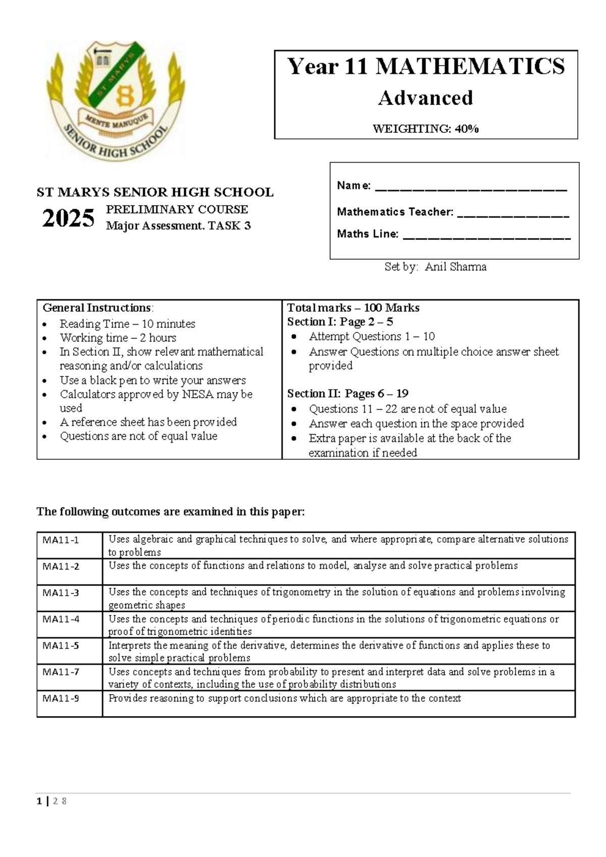 Year 11 Mathematics Advanced Major Assessment 2025 - Task 3 - Studocu