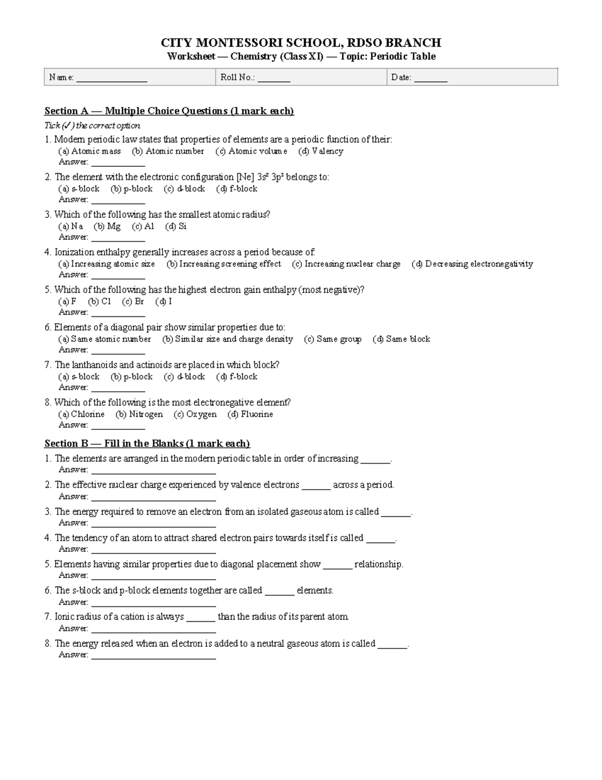 Class XI Chemistry Worksheet: Periodic Table MCQs & Fill in the Blanks ...