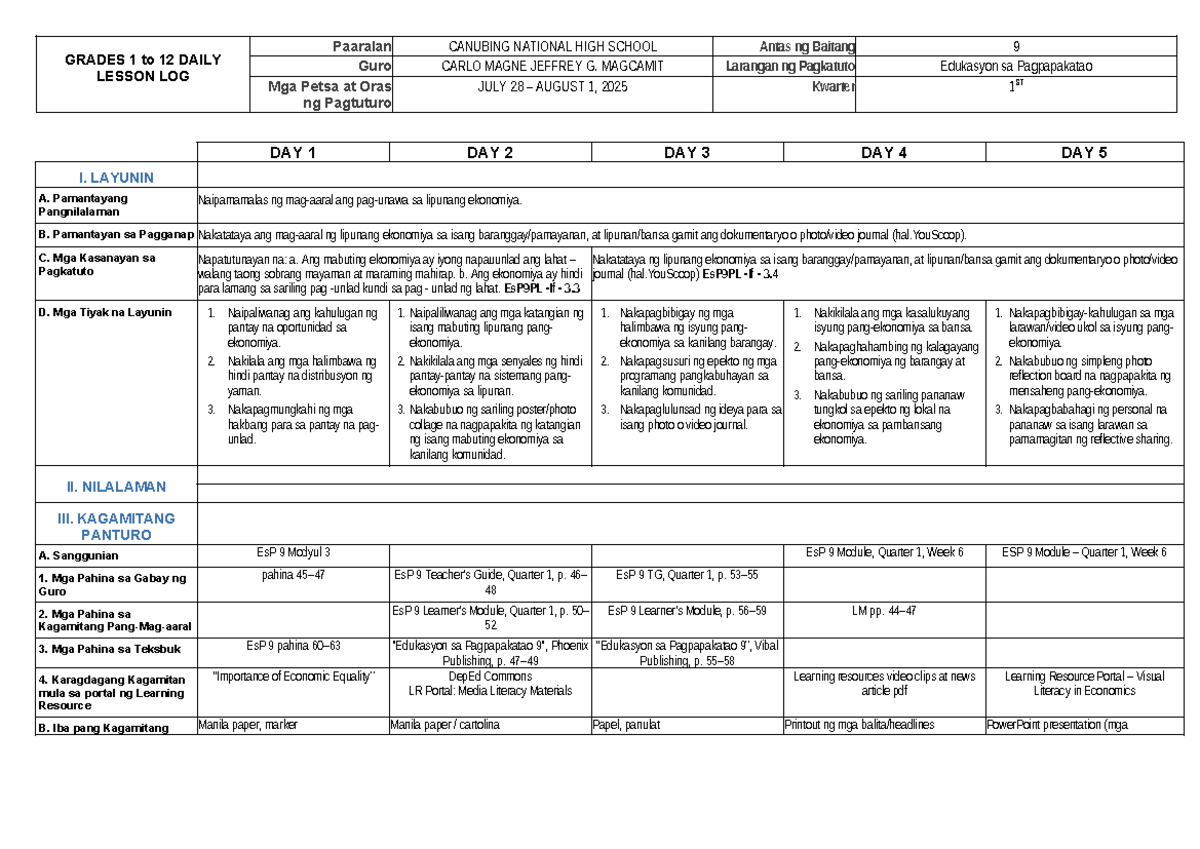 DLL Week 6: Lesson Plan in Values (EsP 9) - Studocu