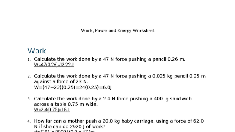 Work, Power, & Energy Worksheet (Course Code: WPE 101) - Studocu