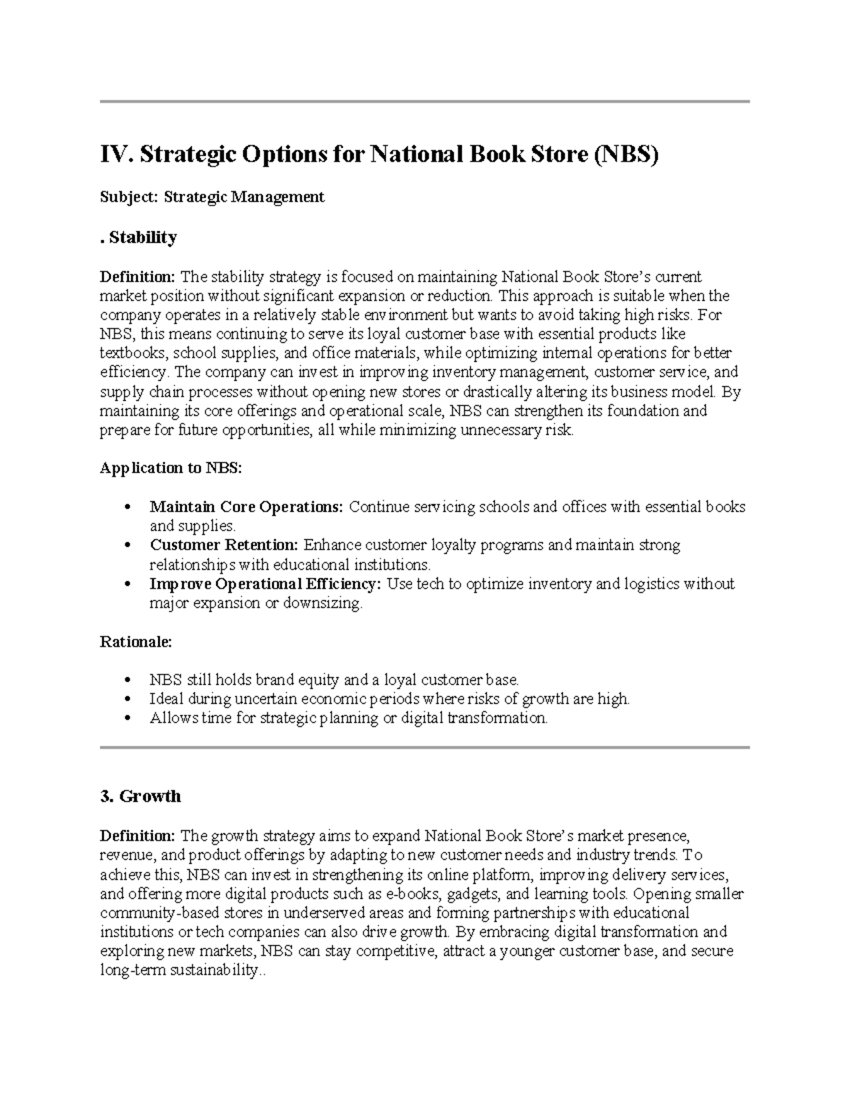 IV. Strategic Options for NBS in Strategic Management: Stability ...