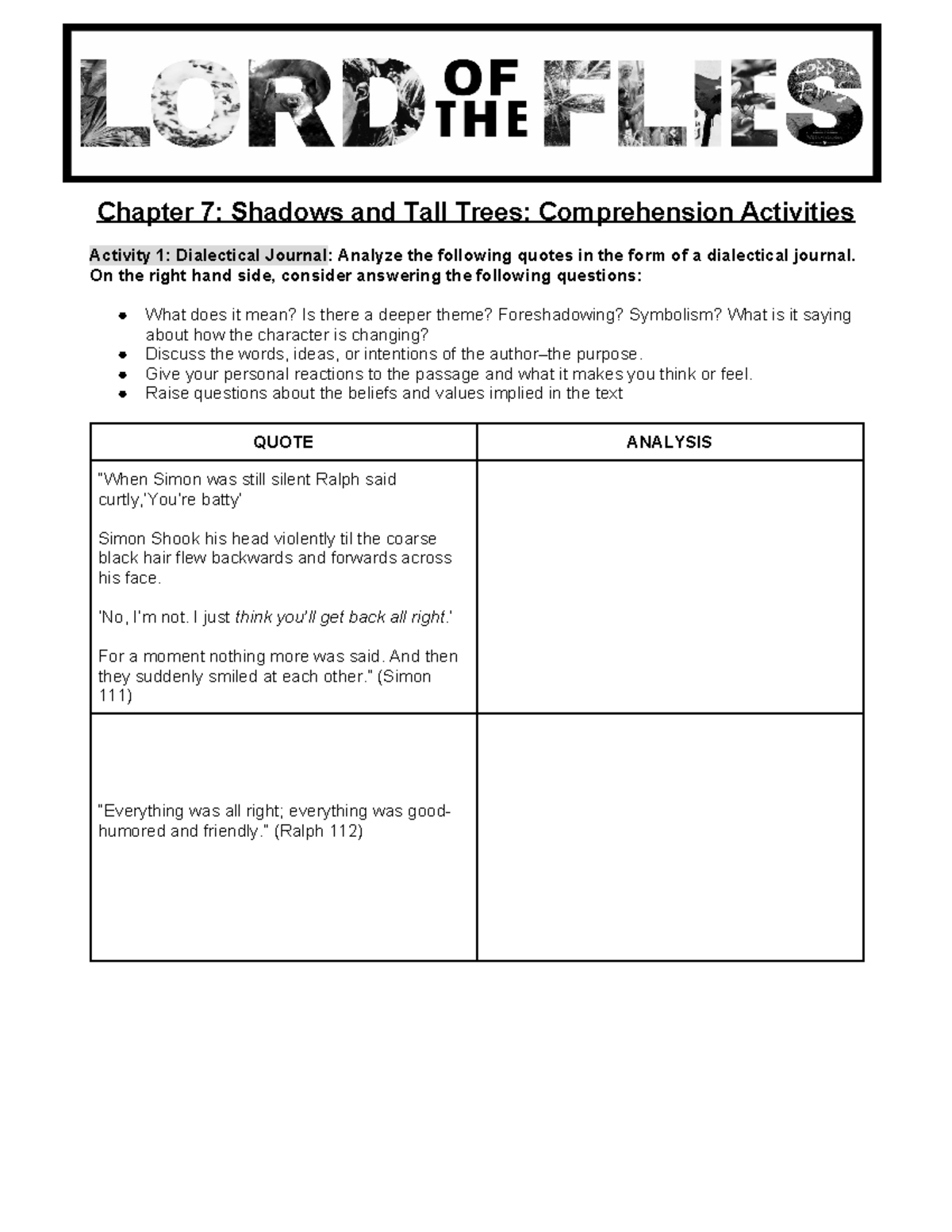 Lot F Ch. 7 Comprehension Activities - Chapter 7: Shadows and Tall ...