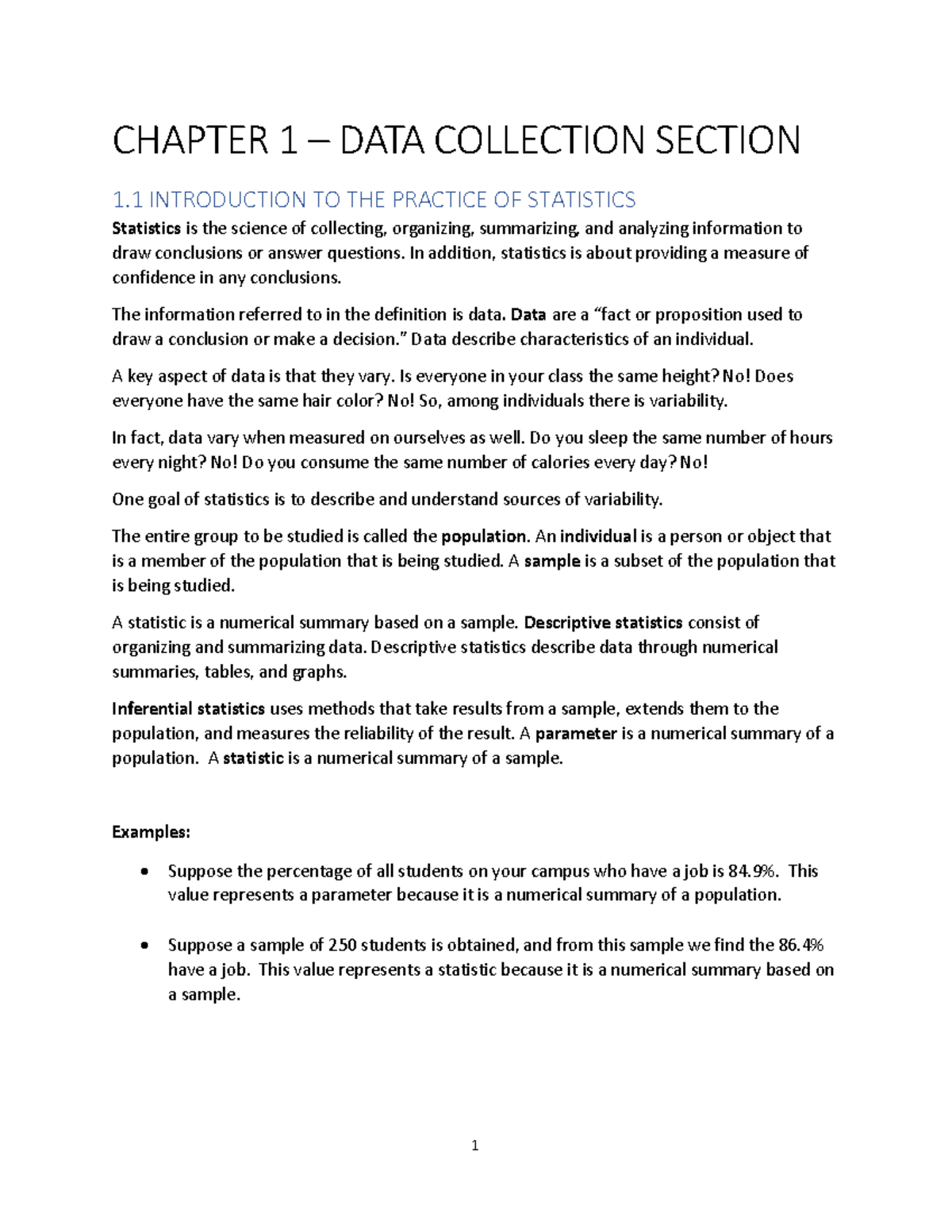 MATH 200 Chapter 1 notes - CHAPTER 1 – DATA COLLECTION SECTION 1 ...