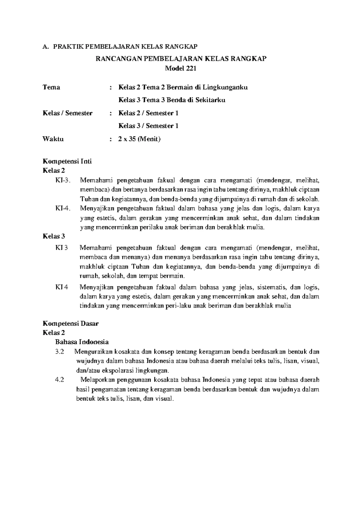 542982124 RPP Kelas Rangkap Model 222 - Pembelajaran SBDP & Bahasa ...