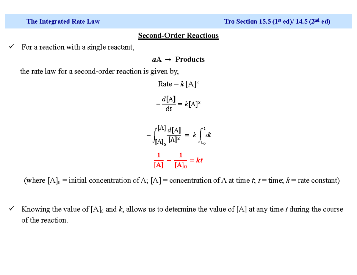 Integrated Rate Laws and Reaction Kinetics: Tro 15.5/14.5 Notes - Studocu