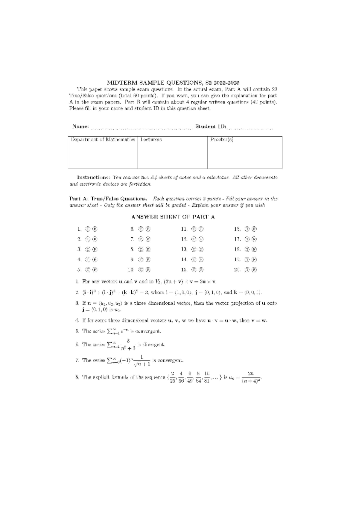 Calculus 2 Midterm Sample Questions and Solutions - Studocu
