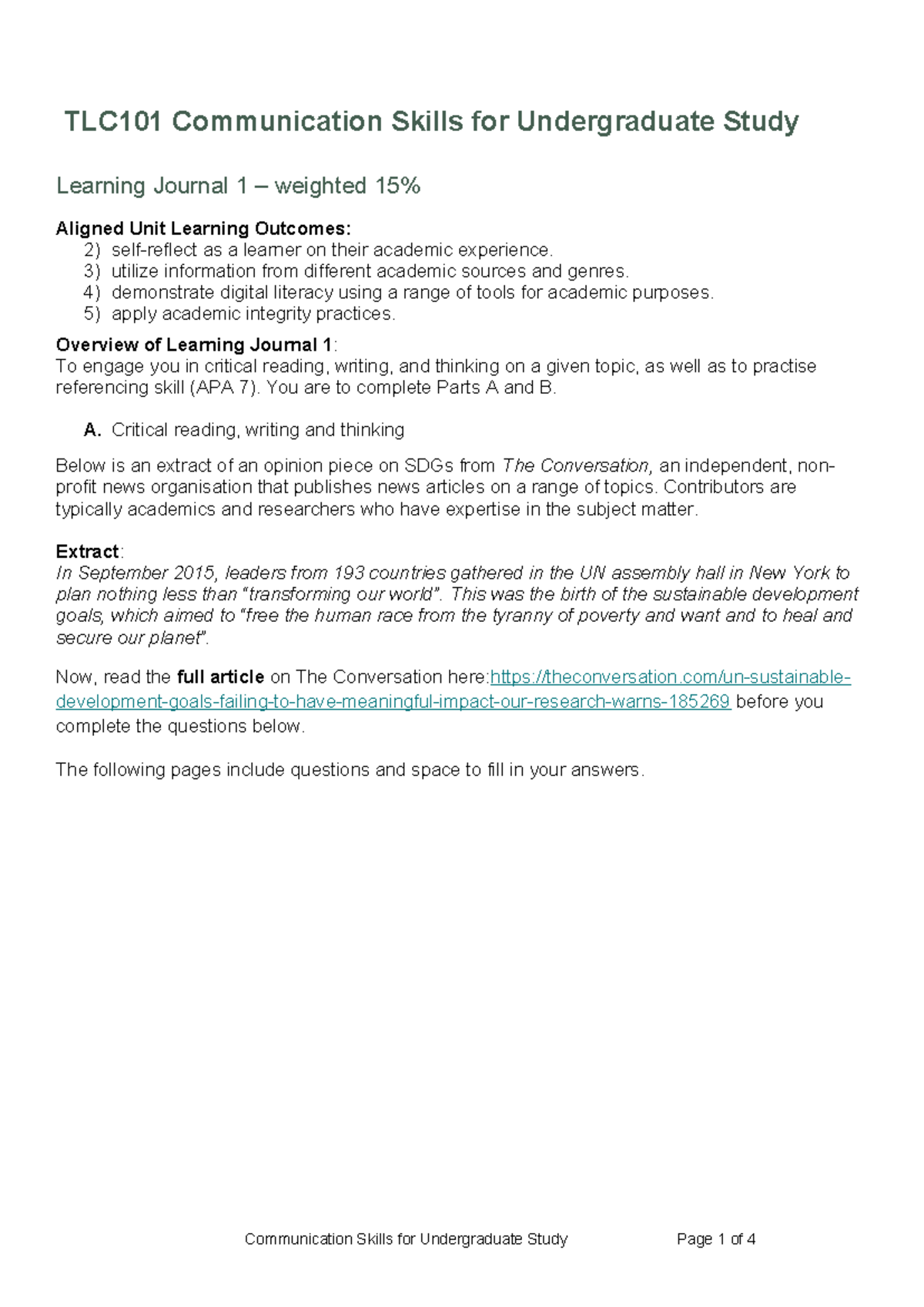 TLC101 Learning Journal 1: Communication Skills & SDGs Analysis - Studocu