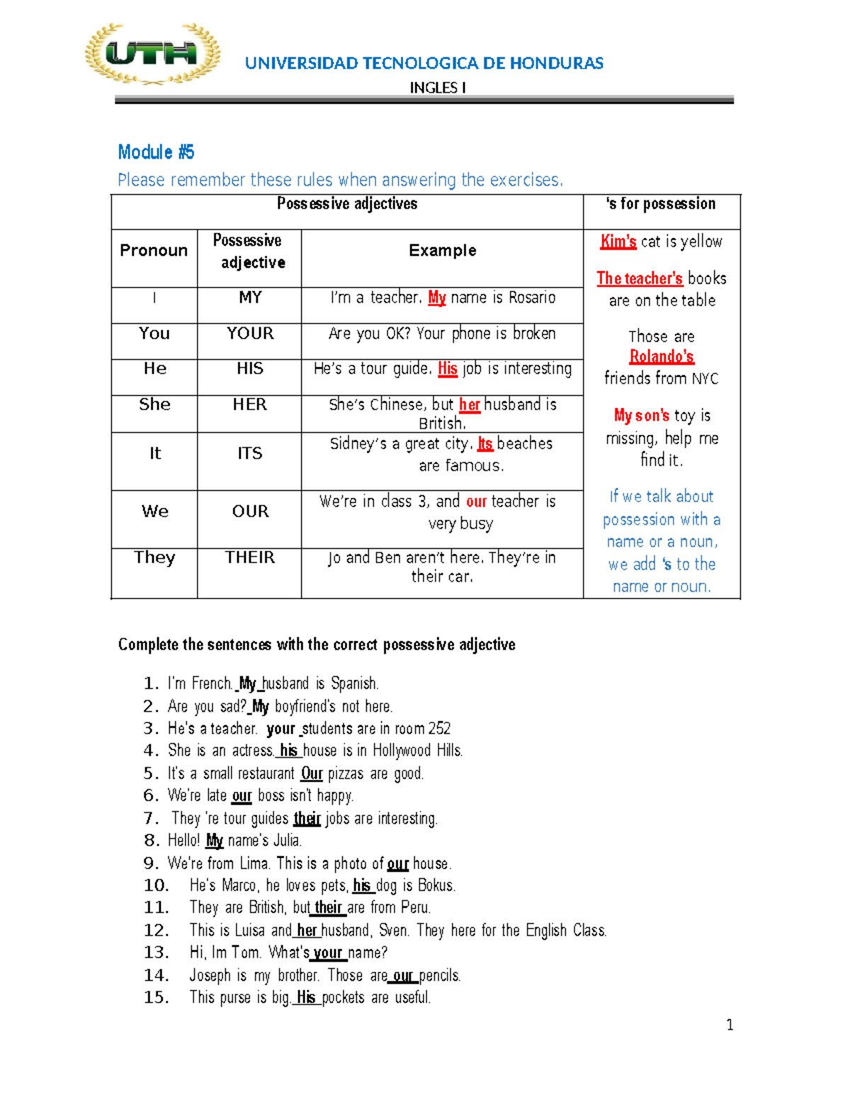 INGLES I Module: Possessive Adjectives & Pronouns Exercises - Studocu