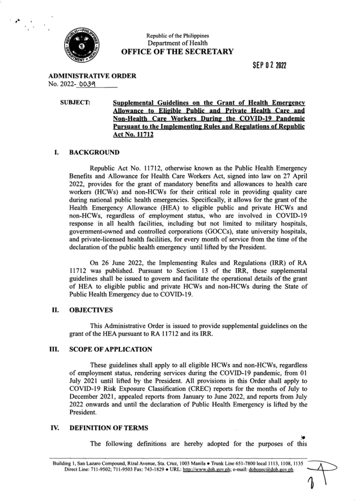 DOH AO 0034: Supplemental Guidelines for Health Emergency Allowance ...