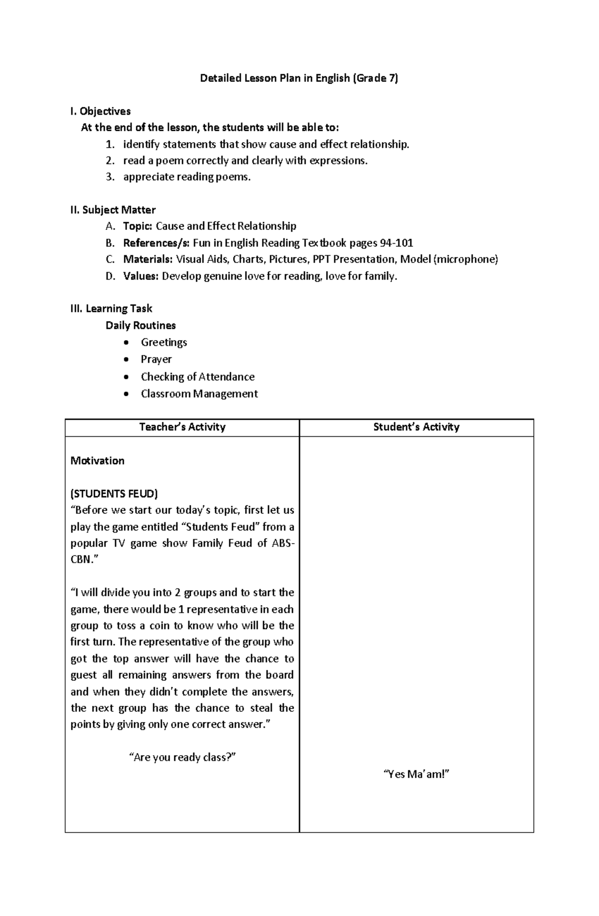 Detailed Lesson Plan: Cause and Effect in English (Grade 7) - Studocu