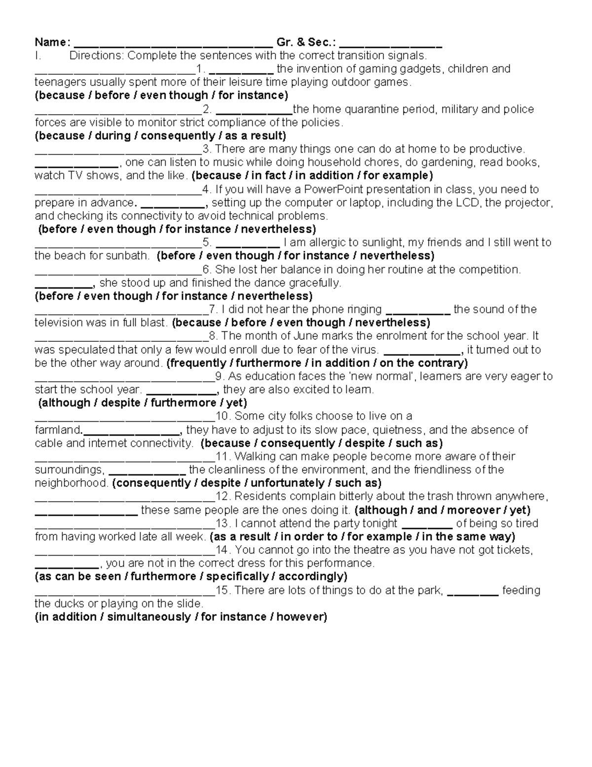 Transitional words quiz 2 - Name: _______________________________ Gr ...
