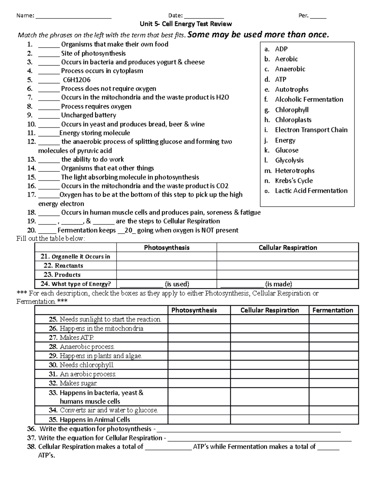 Unit 5- Cell Energy Test Review - Name: _______________________ Date ...