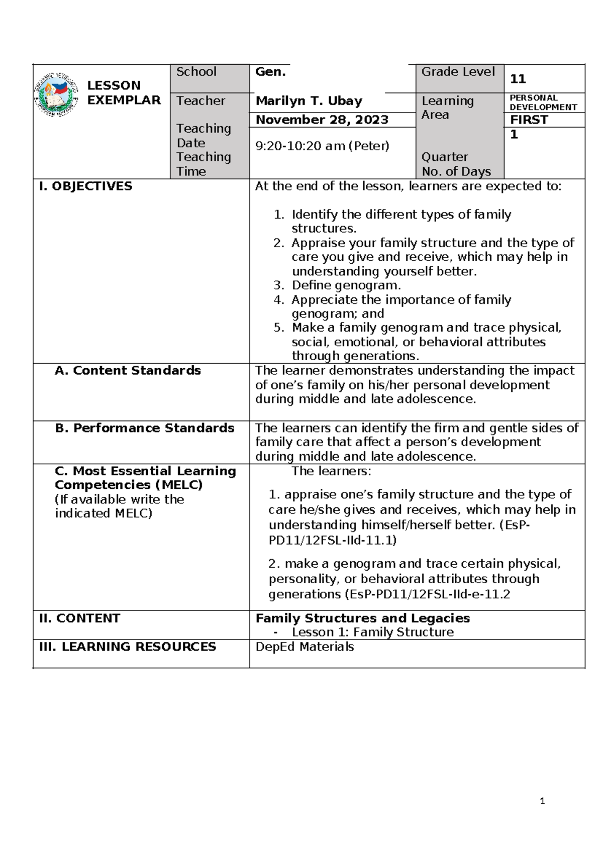 Lesson Plan Exemplar: Family Structures and Genograms (EsP-PD11/12FSL ...