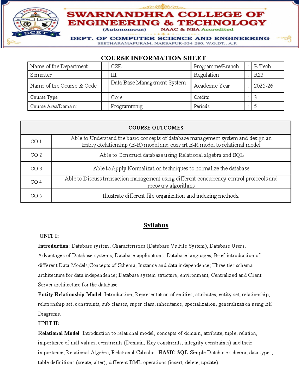 1-CIS-DBMS - Course Information Sheet for Database Management System ...