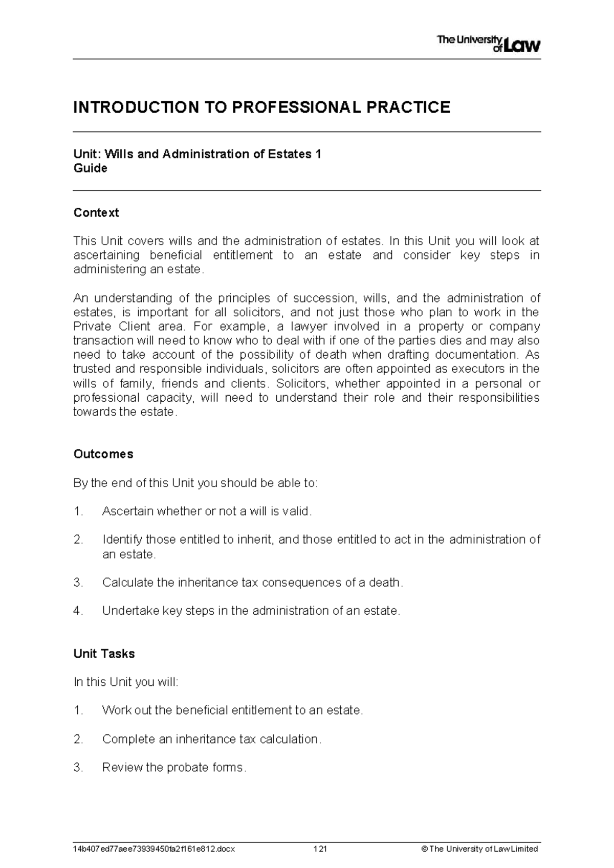 WILLS AND ADMINISTRATION OF ESTATES 1: UNIT GUIDE - Studocu