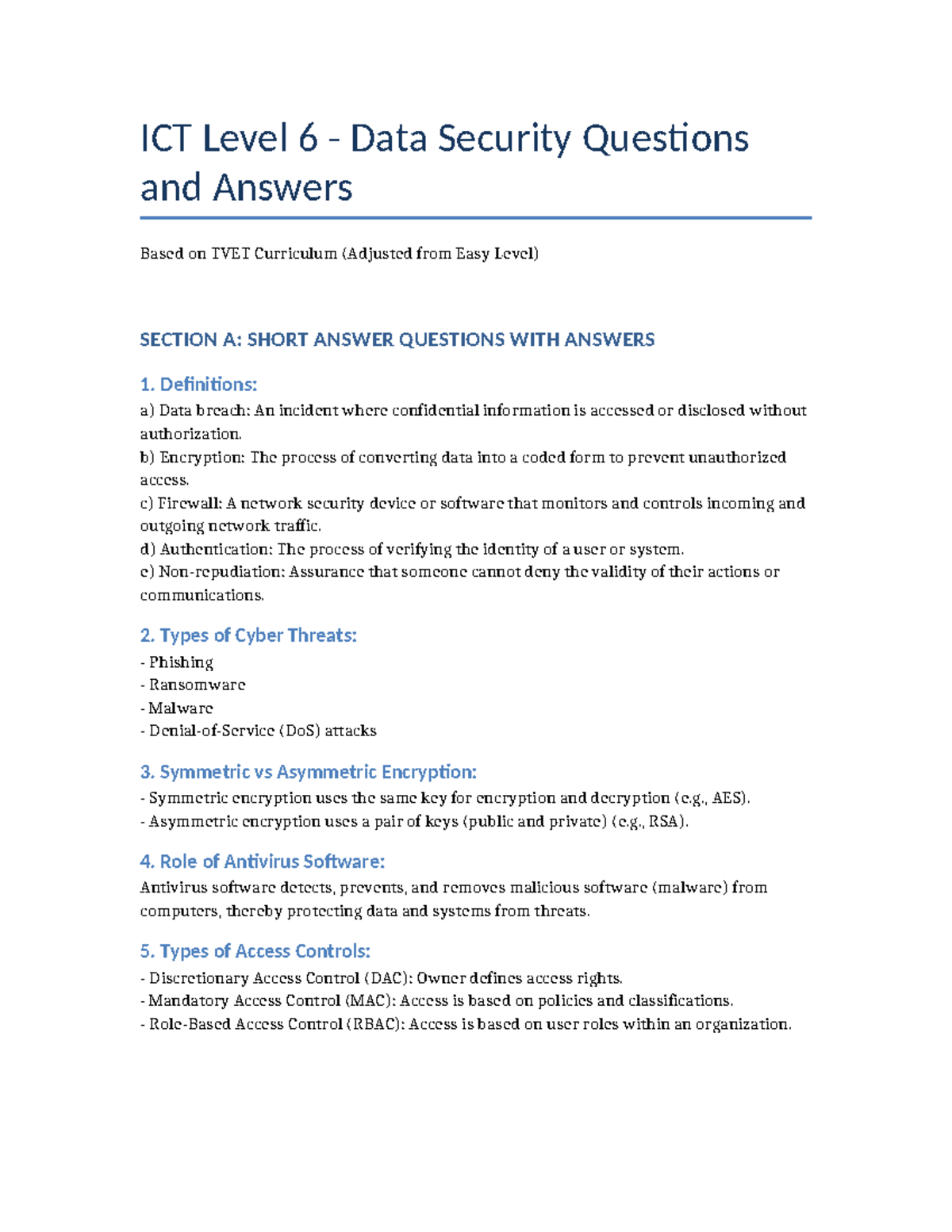 ICT Level 6 Data Security: Comprehensive Q&A Guide Based on TVET ...