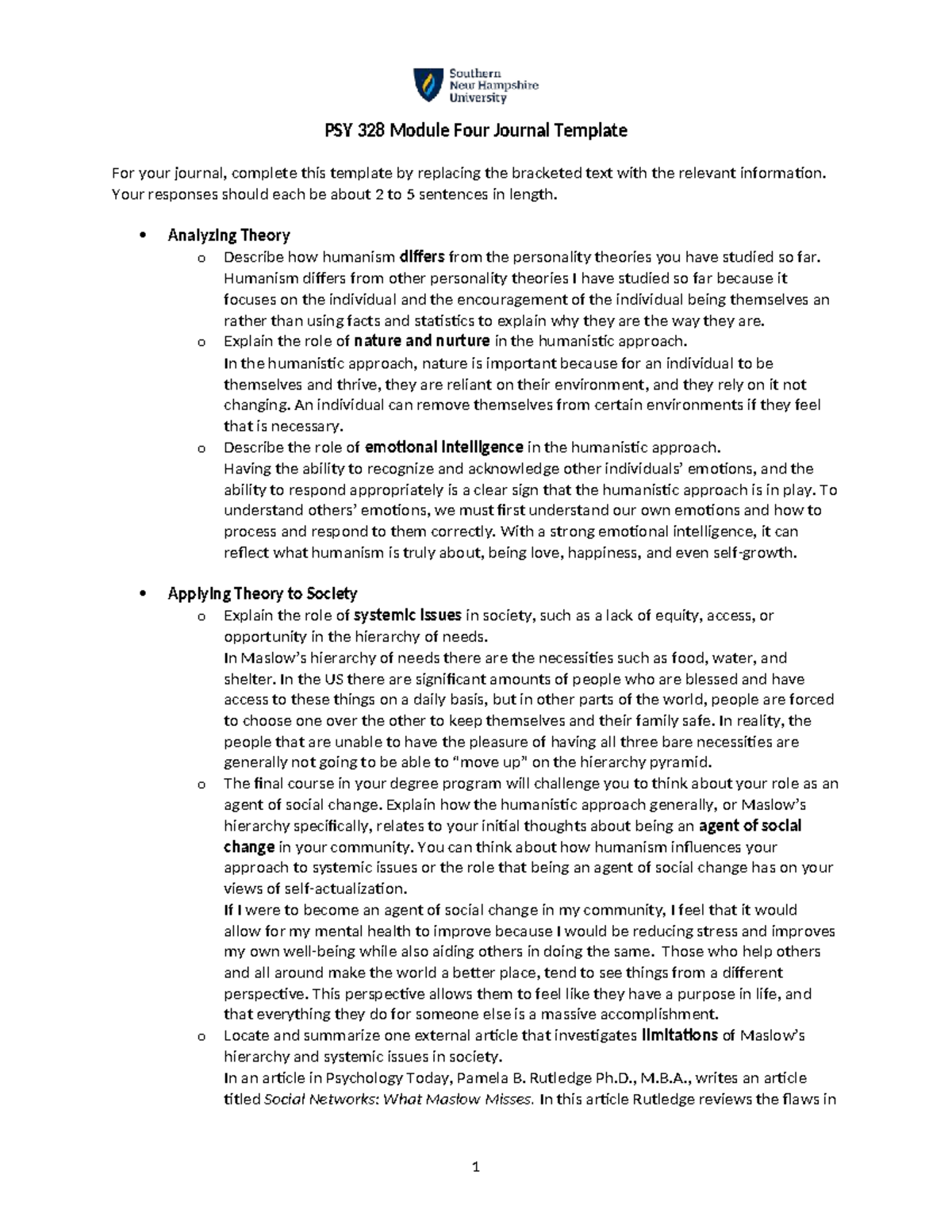 PSY 328 Module Four Journal: Analyzing Humanism and Society - Studocu
