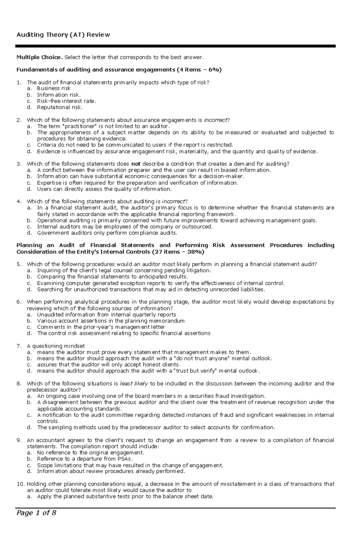 Auditing Theory (AT) Final Exam Review: Multiple Choice Questions - Studocu