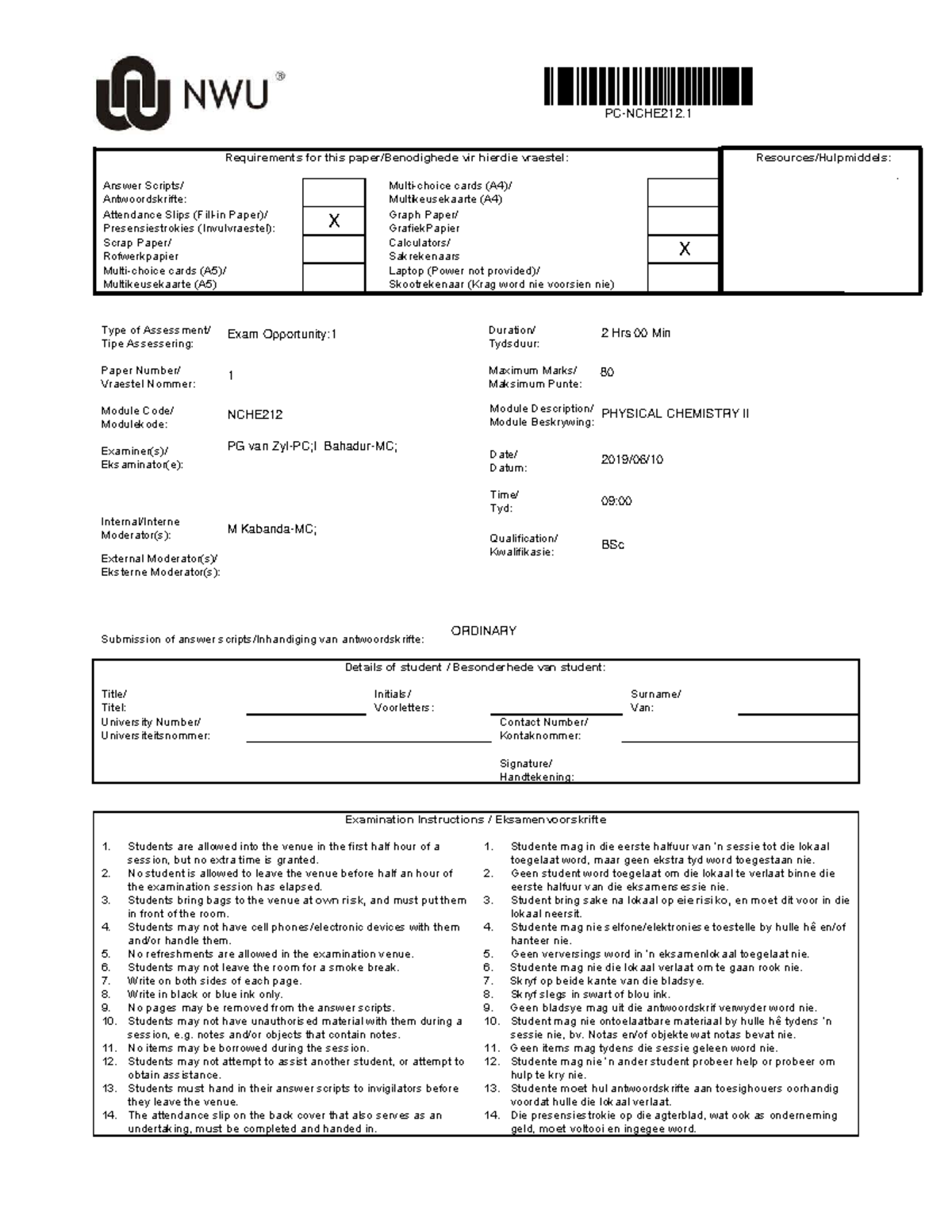 NCHE212.1: Physical Chemistry II Exam Resources and Instructions - Studocu