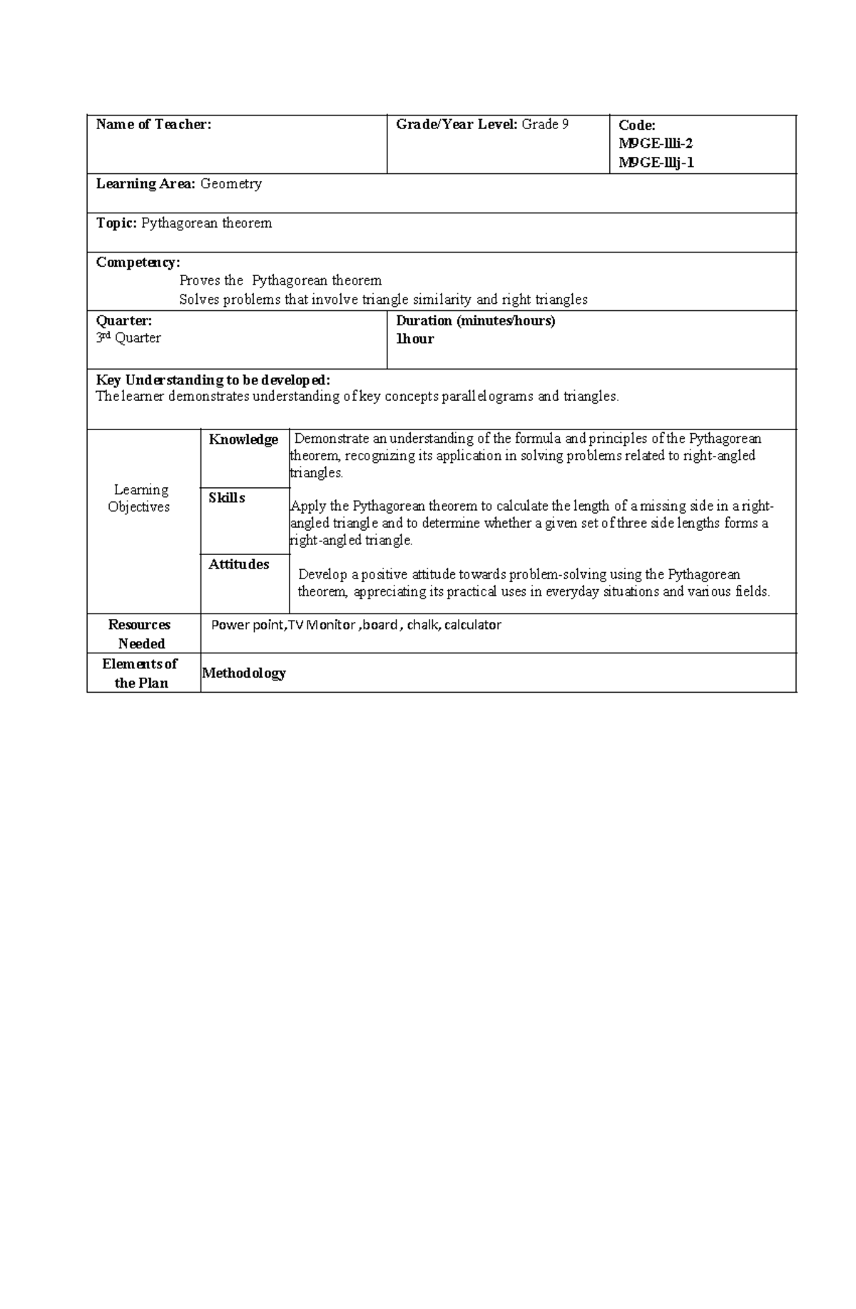 Lesson-PLAN- Pythagorean Theorem - Name of Teacher: Grade/Year Level ...