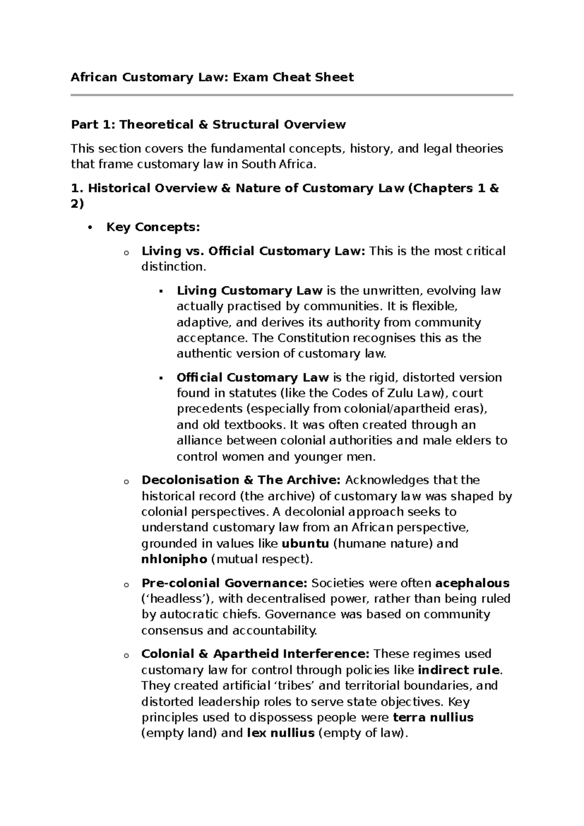African Customary Law: Exam Cheat Sheet Part 1 - Key Concepts & Cases ...