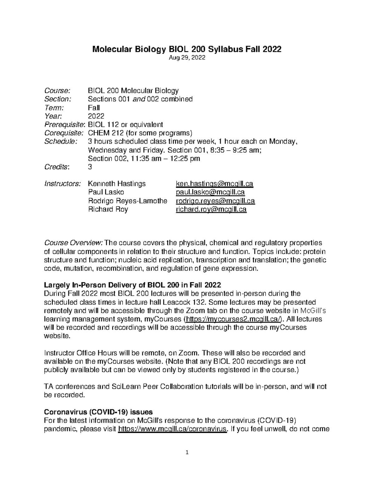 BIOL 200 Molecular Biology Syllabus - Fall 2022 Overview - Studocu