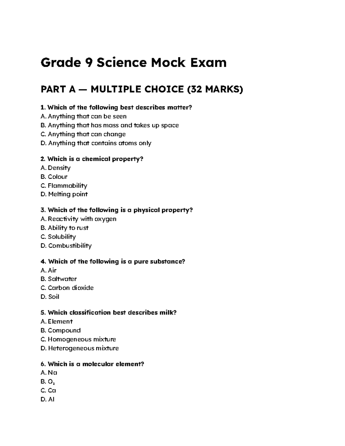 Grade 9 Science Mock Exam - Finals Practice (Part A MCQ) - Studocu