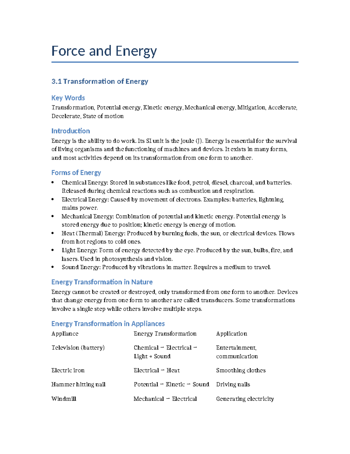 Force and Energy 3.1: Transformation of Energy Notes - Studocu