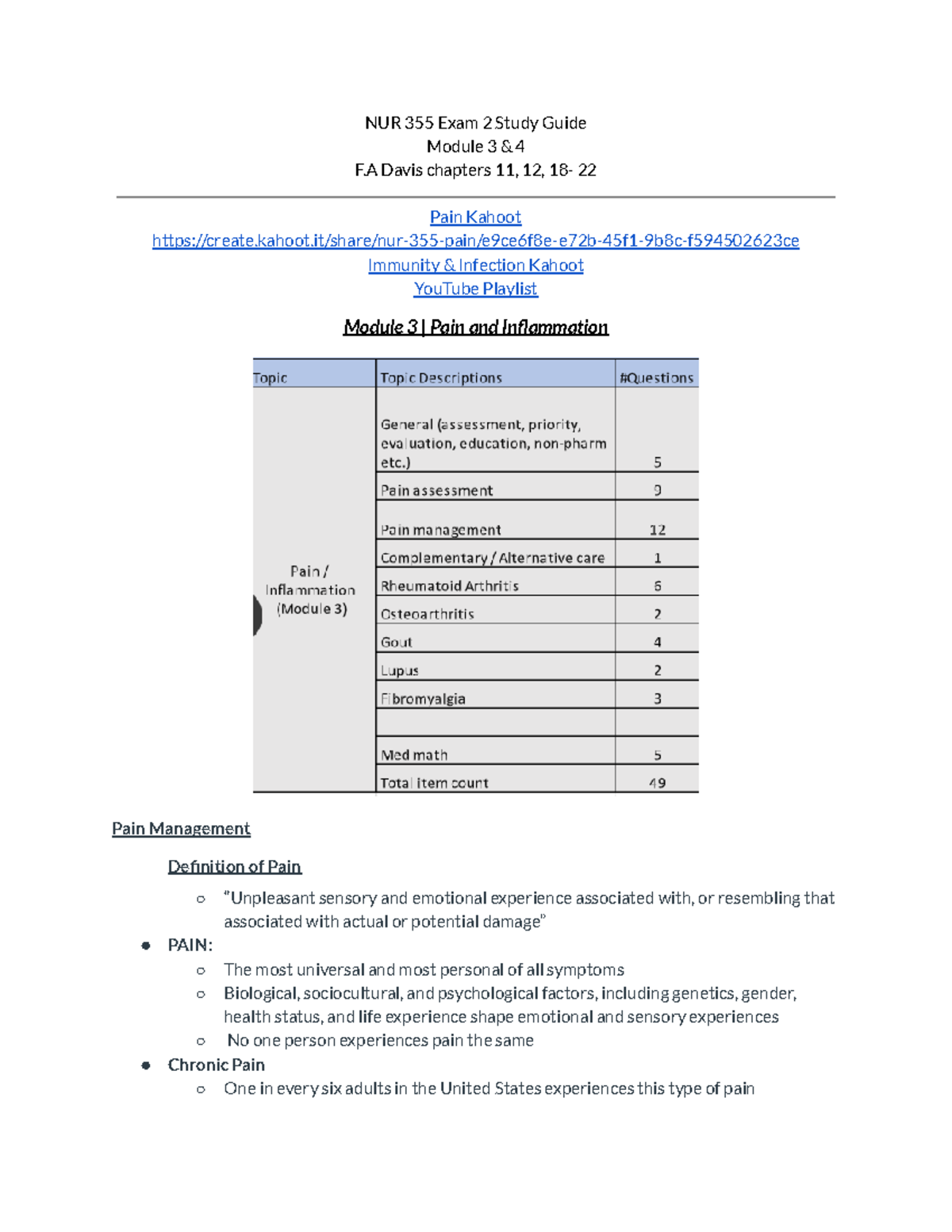 NUR 355 Exam 2 Study Guide: Pain Management - Studocu