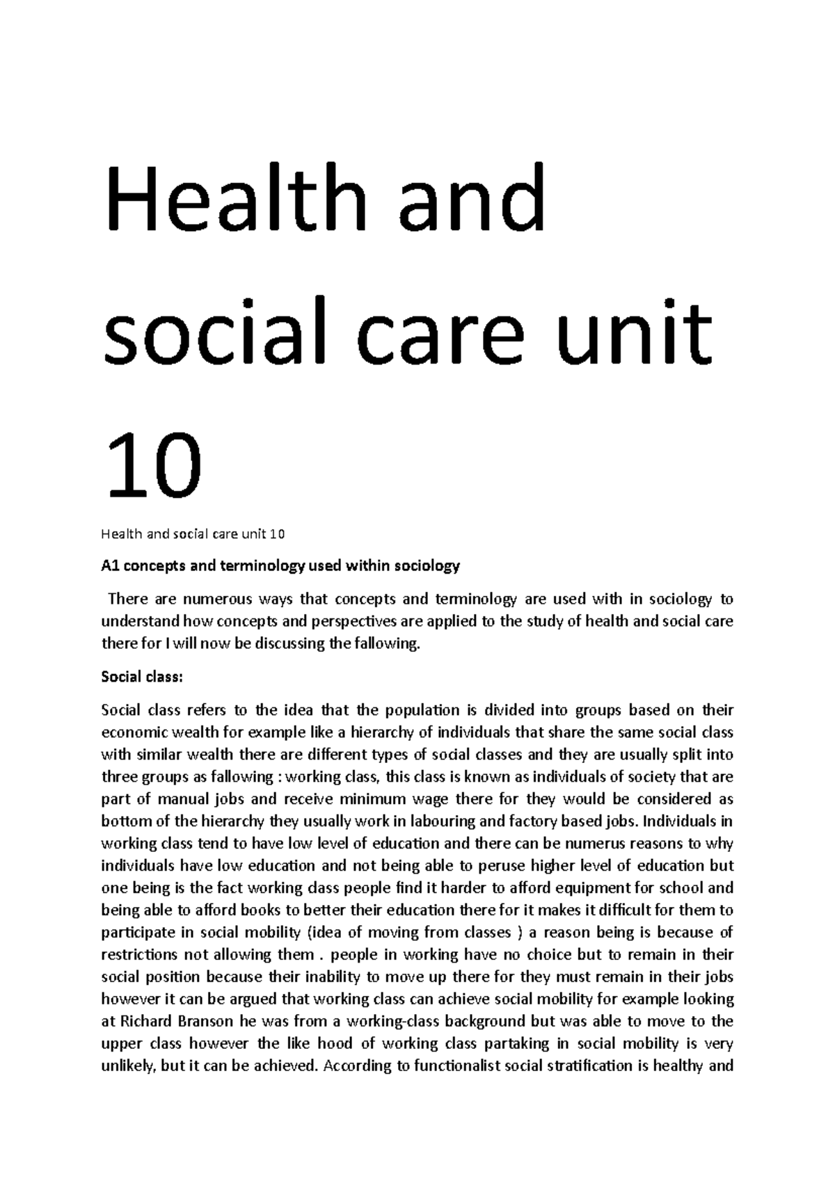 Health and Social Care Unit 10: A Sociological Perspective on ...