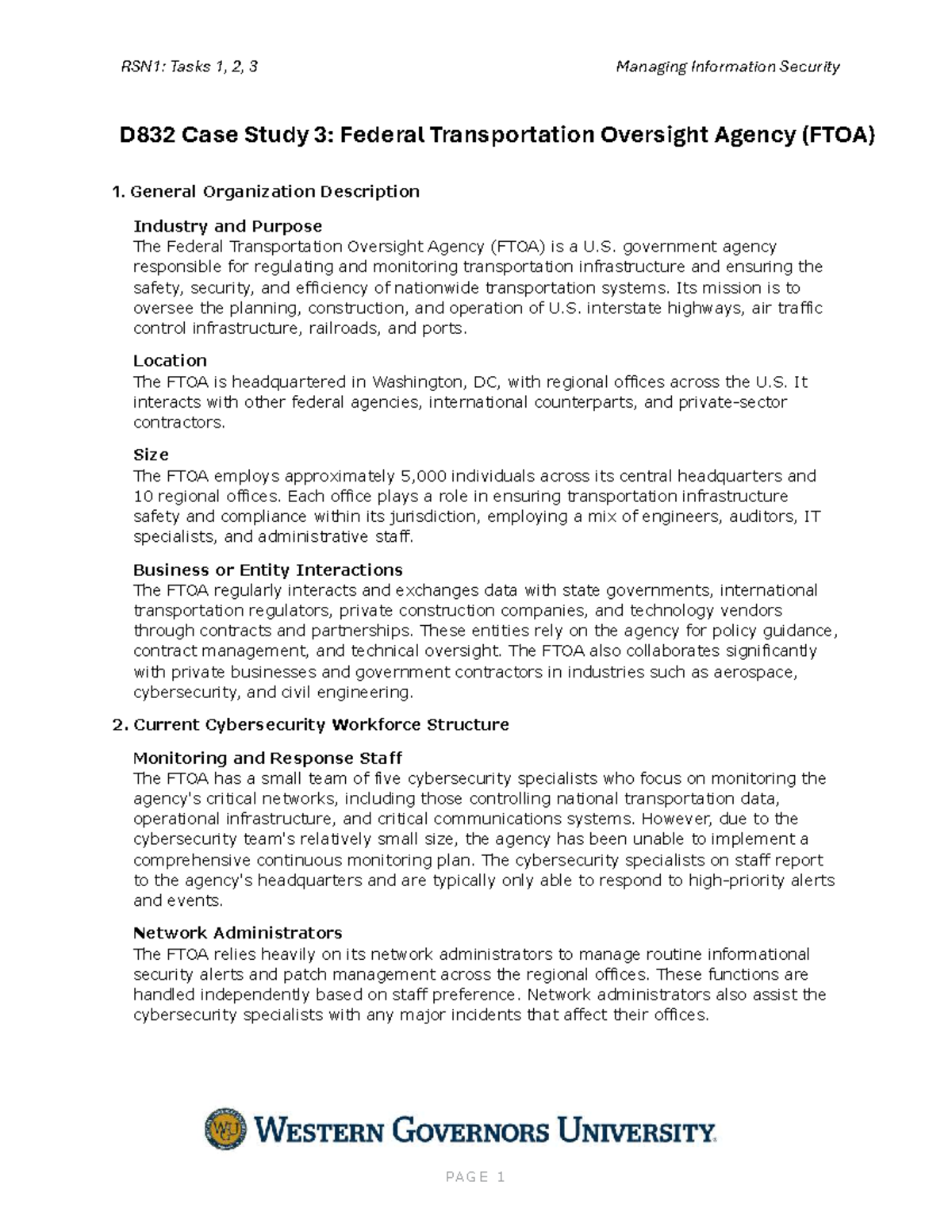 RSN1: D832 Case Study 3 - Managing Information Security at FTOA - Studocu