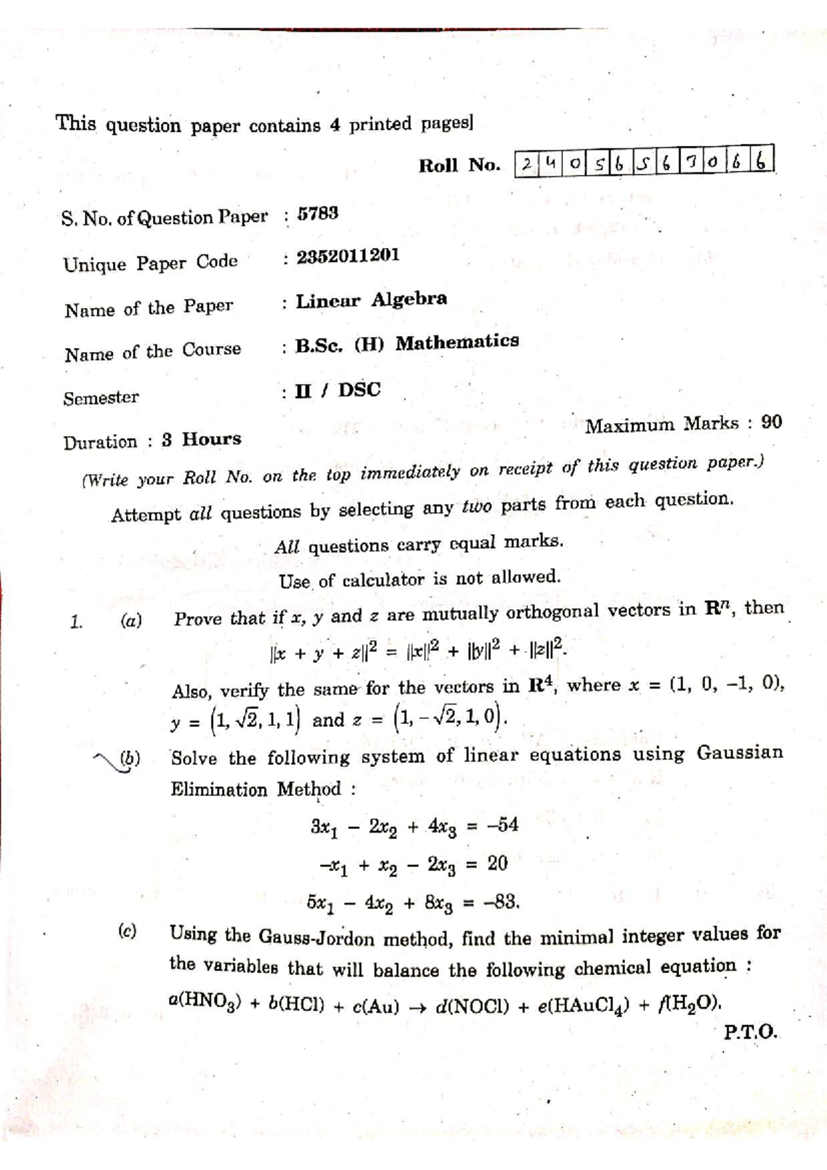 LA B.Sc. (H) Mathematics II Sem: Linear Algebra Previous Year Ques ...