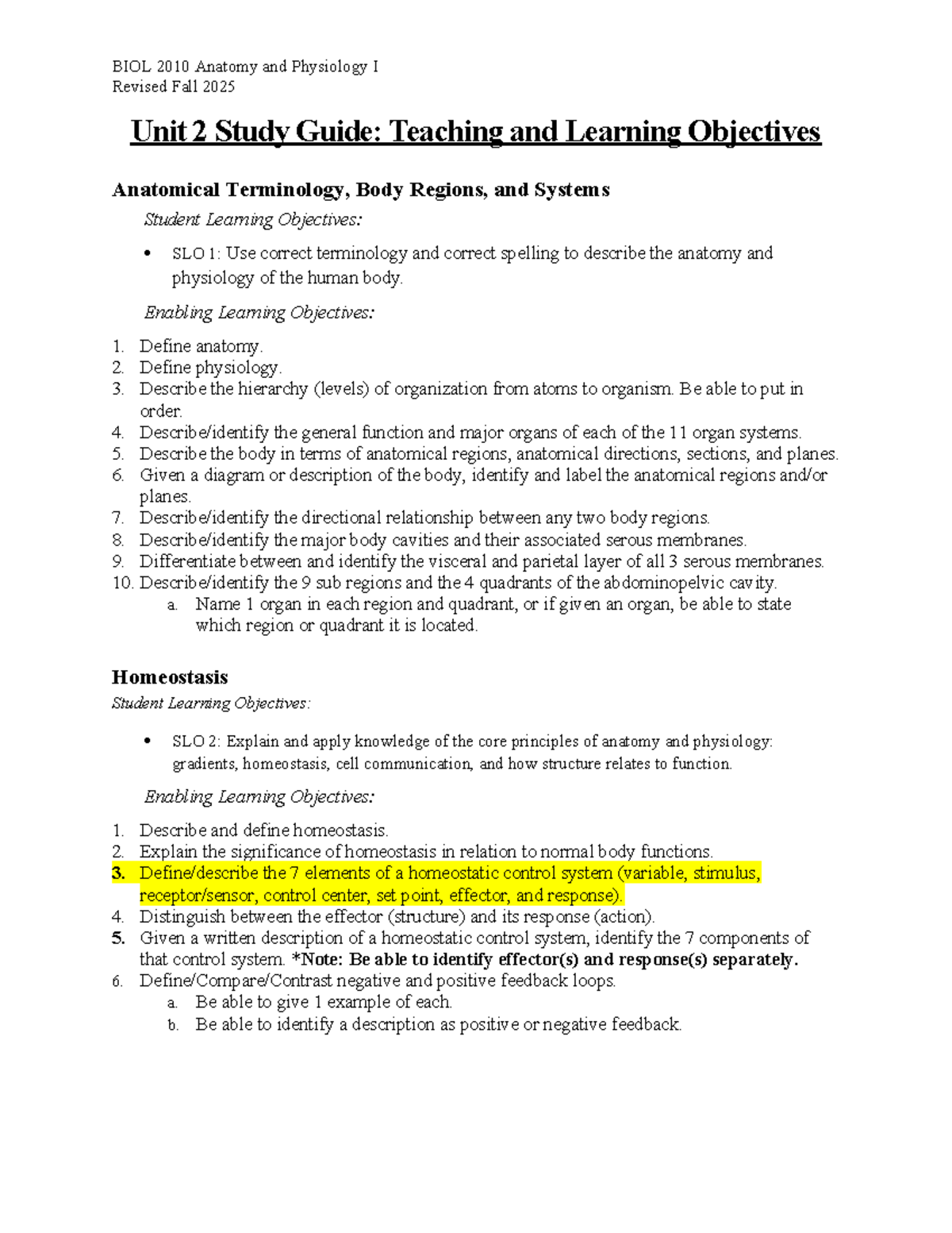 BIOL 2010 Unit 2 Study Guide: Anatomy & Physiology I Learning ...