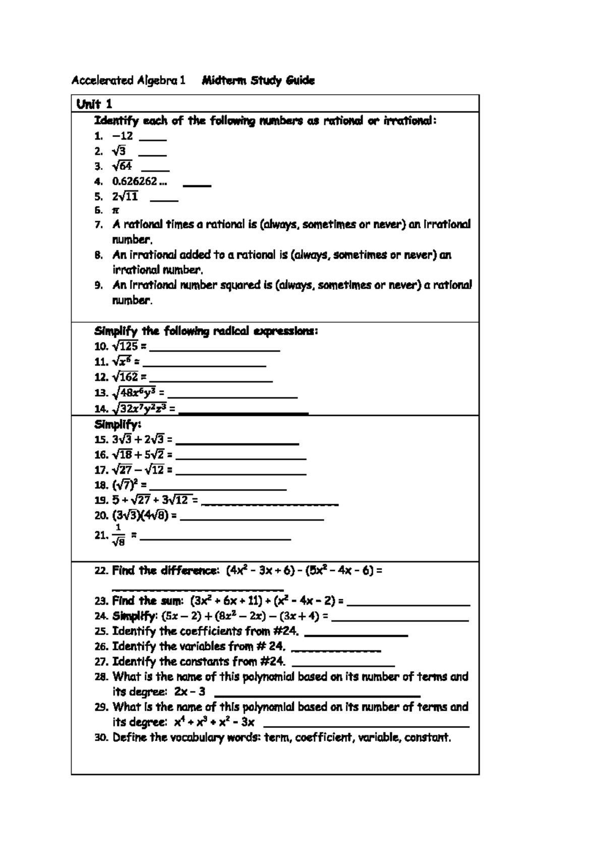 Accelerated Algebra 1 Honors Geo A 2024 Midterm Review - Accelerated ...