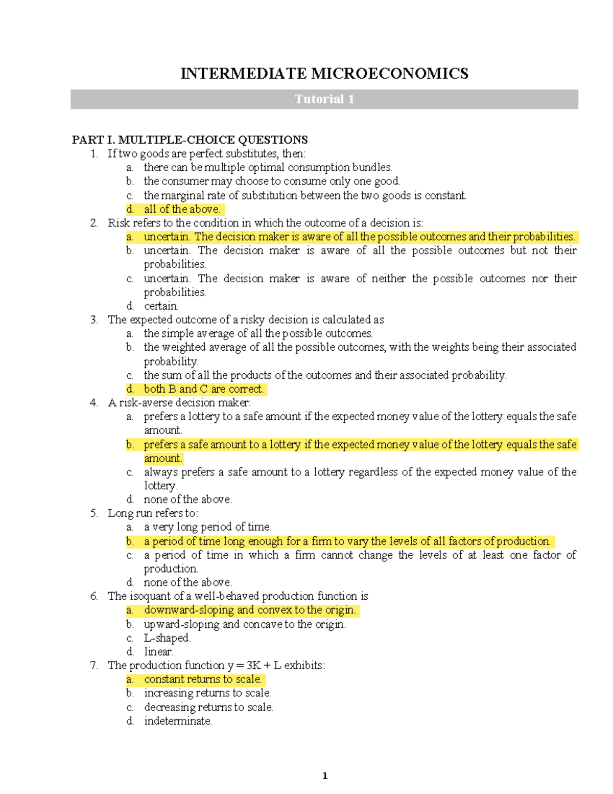 Intermediate Microeconomics Tutorial 1 - Multiple Choice & Exercises ...