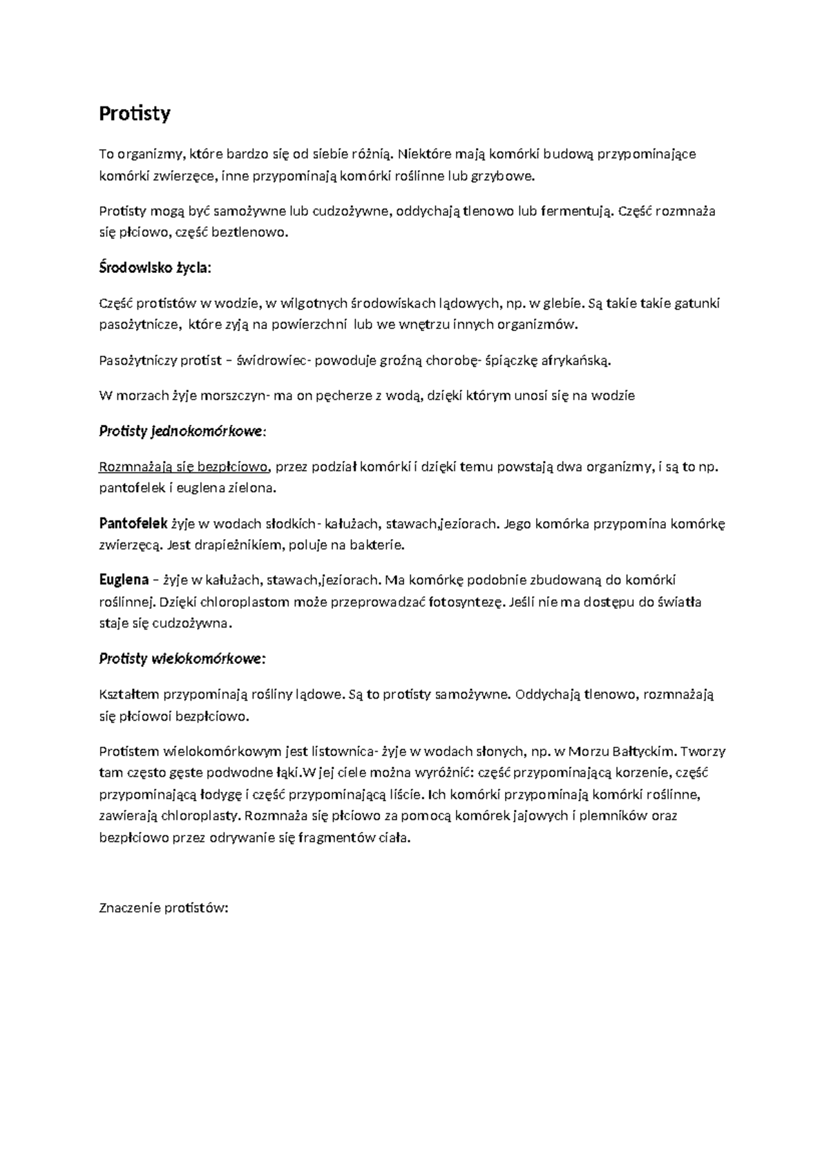 Protisty - Różnorodność i Znaczenie w Ekosystemach - Studocu
