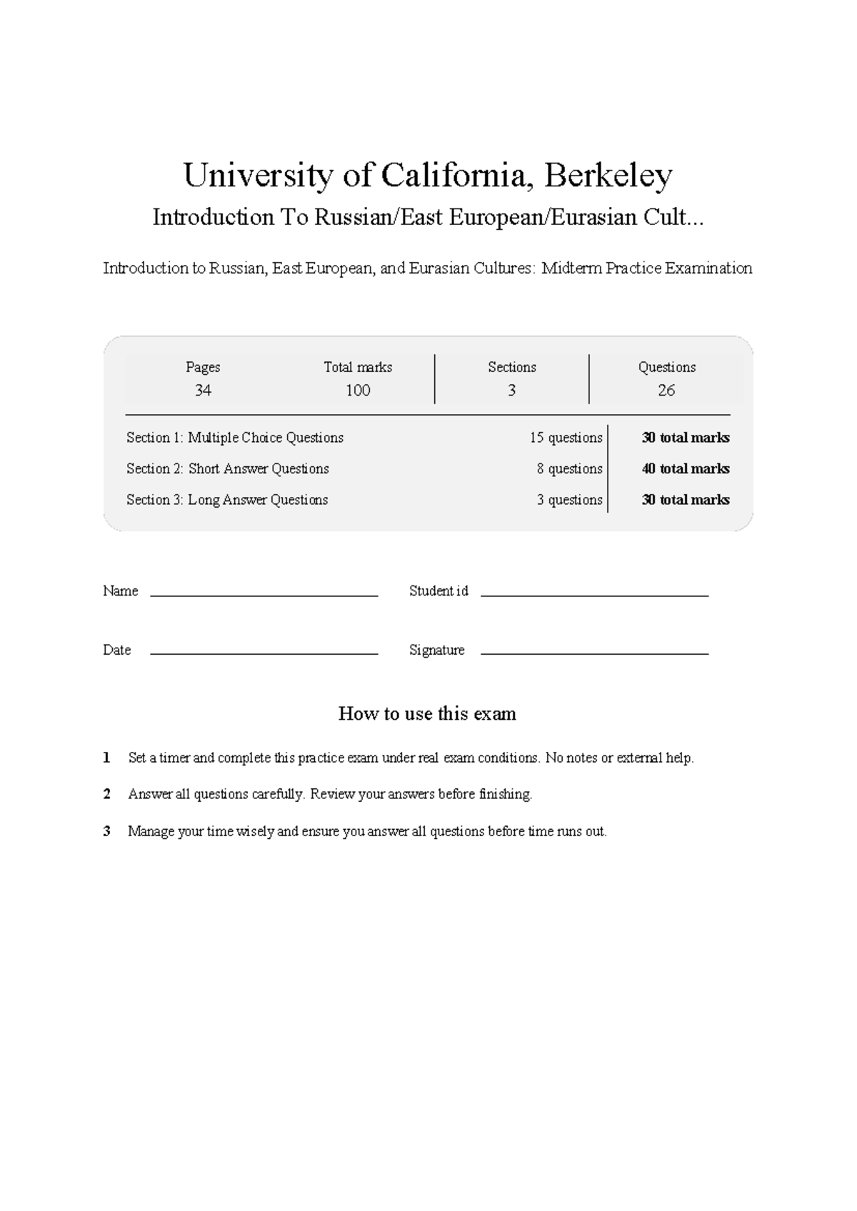 SLAVIC 50 Midterm Practice Exam: Russian & East European Cultures - Studocu