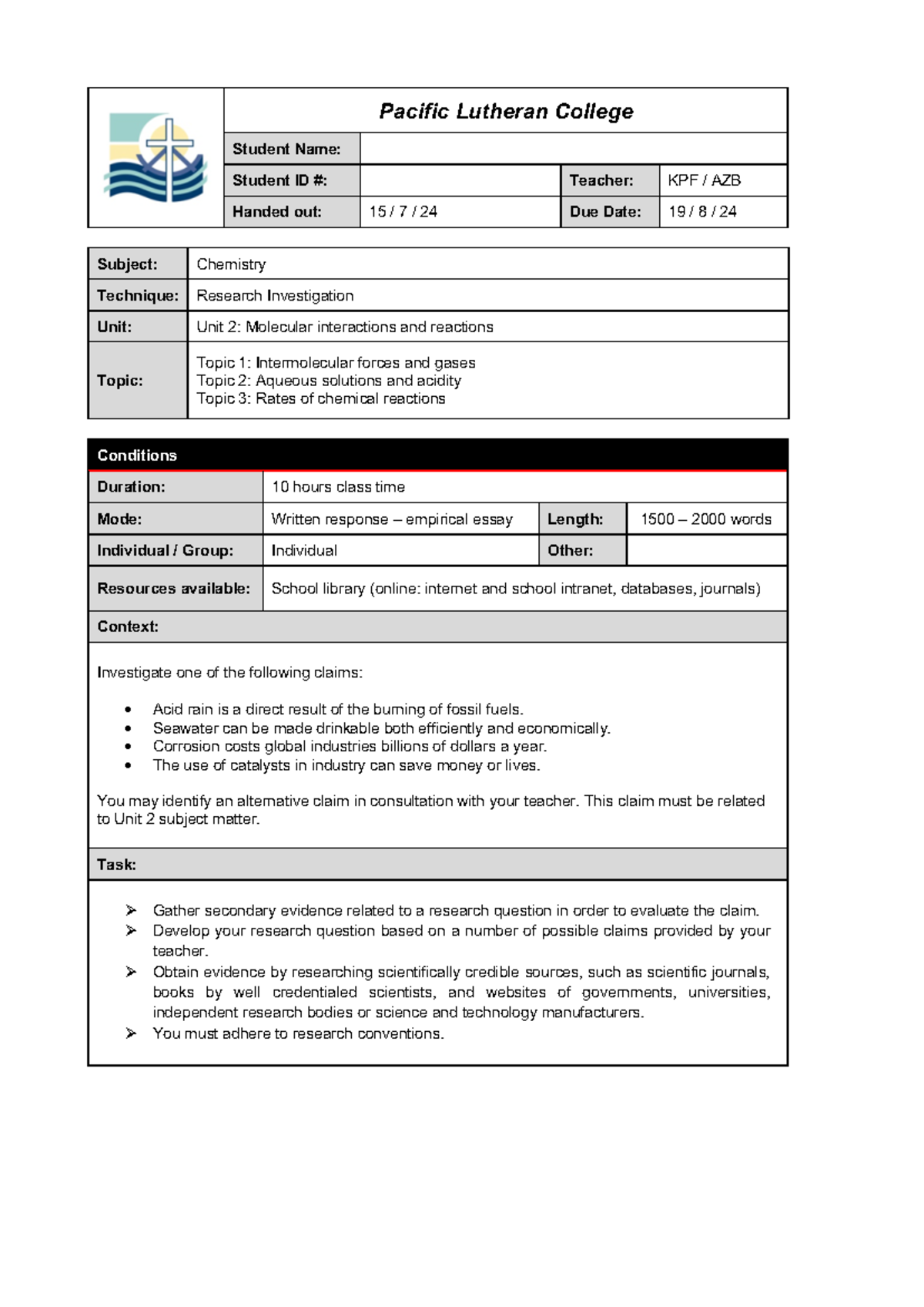 Task Sheet IA3 Chemistry Research Investigation on Claims Analysis ...
