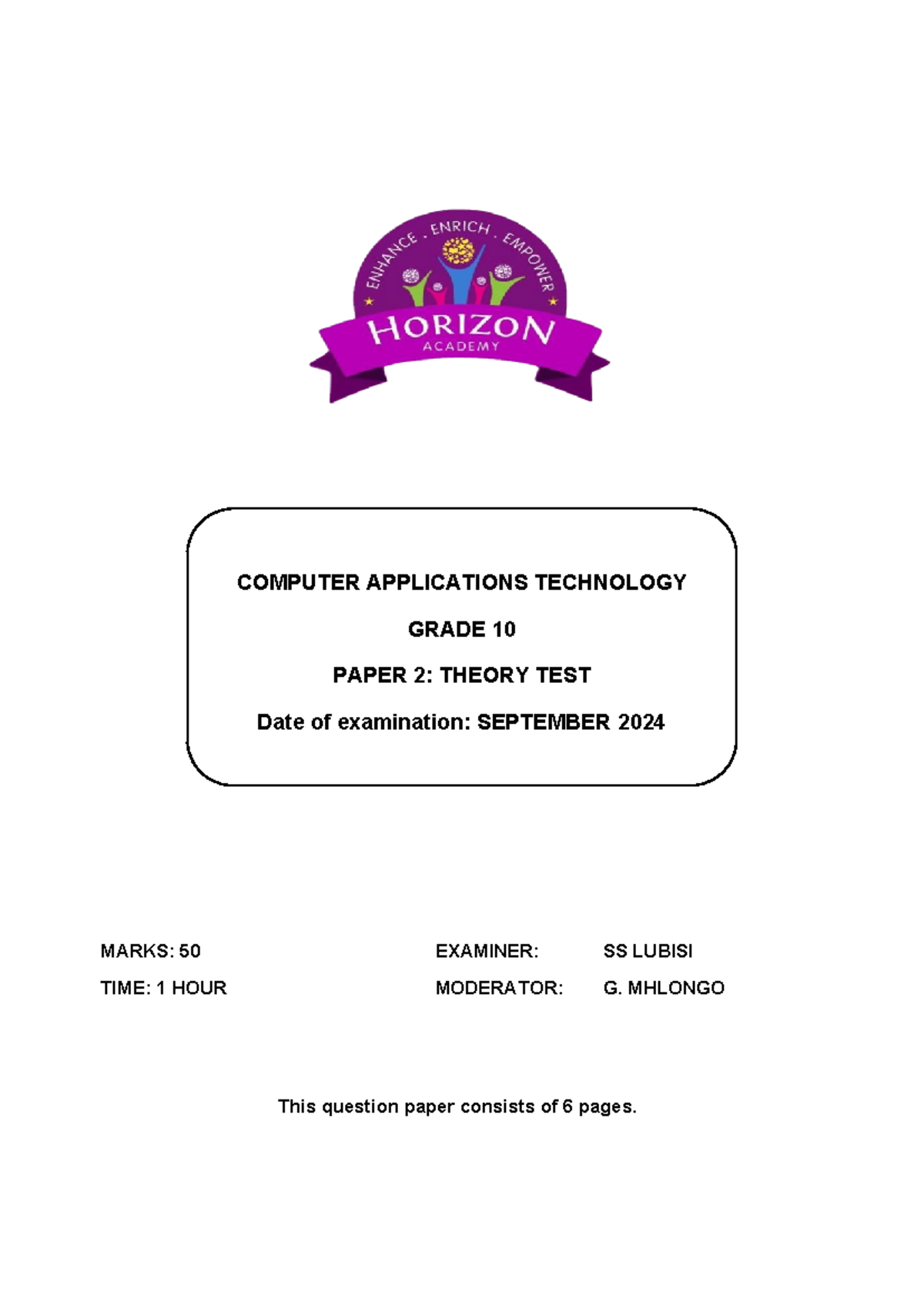 CAT Gr 10 P2 - T3 Theory Exam QP & Memo September 2024 - Studocu