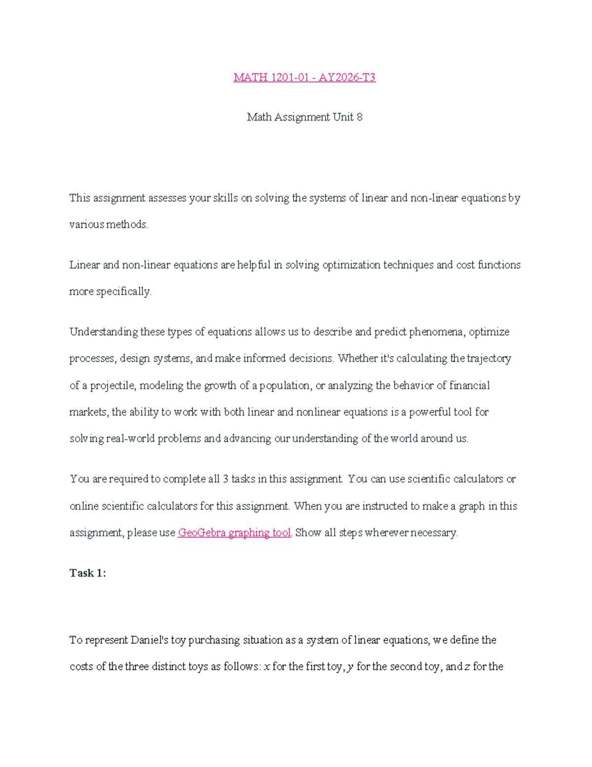 MATH Math Assignment Unit 8: Solving Linear Equations Systems - Studocu