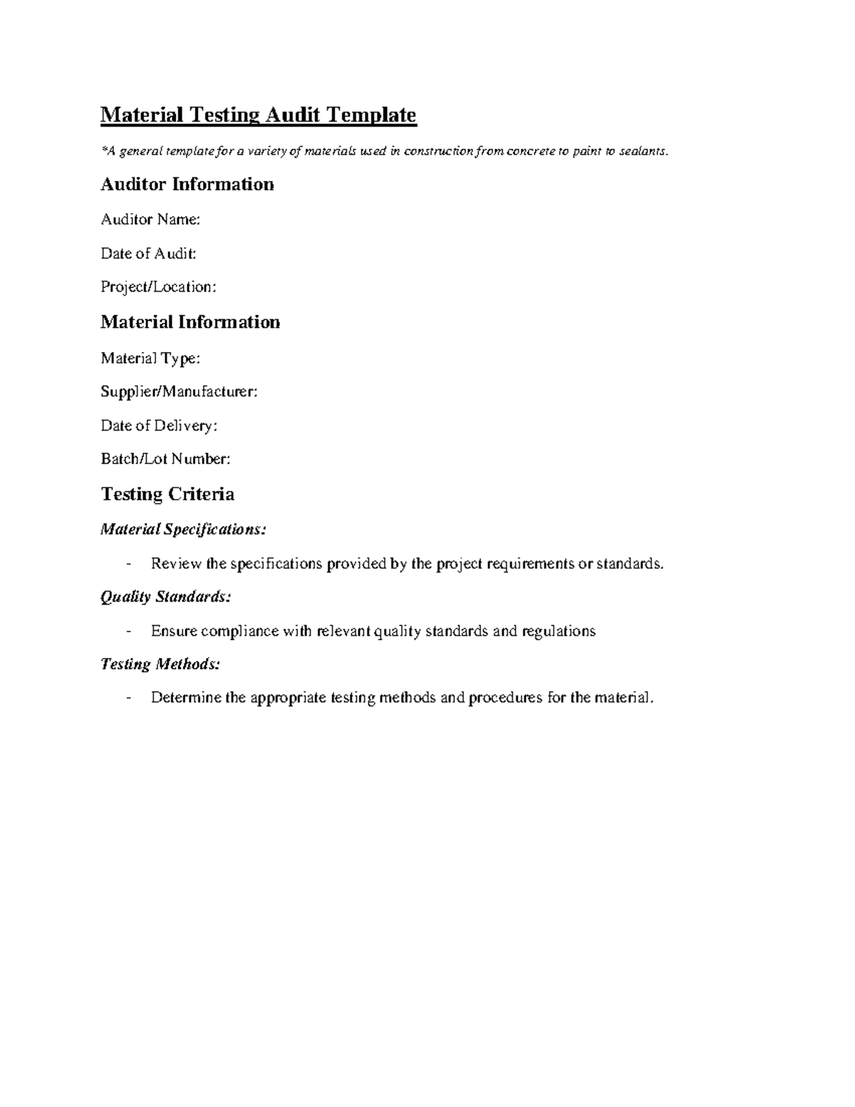 Material Testing Audit Template for Construction Materials - Studocu
