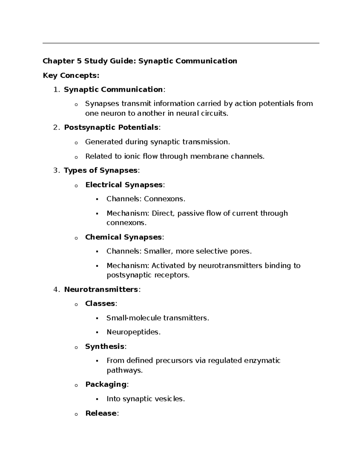 Chapter 5 & 6 Study Guide: Synaptic Communication & Neurotransmitters - Chapter 5 Study Guide ...