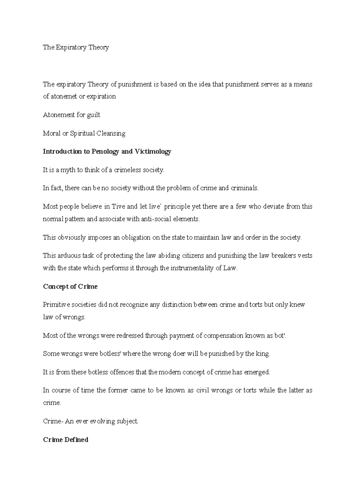 P & V - PENOLOGY AND VICTIMOLOGY NOTES - The Expiratory Theory The ...