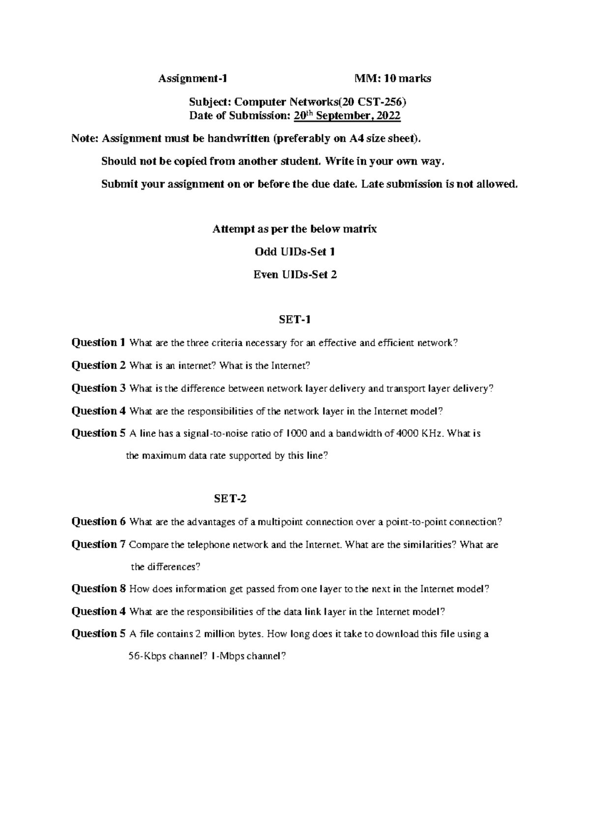 Assignment 1 CN - Assignment-1 MM: 10 marks Subject: Computer Networks ...