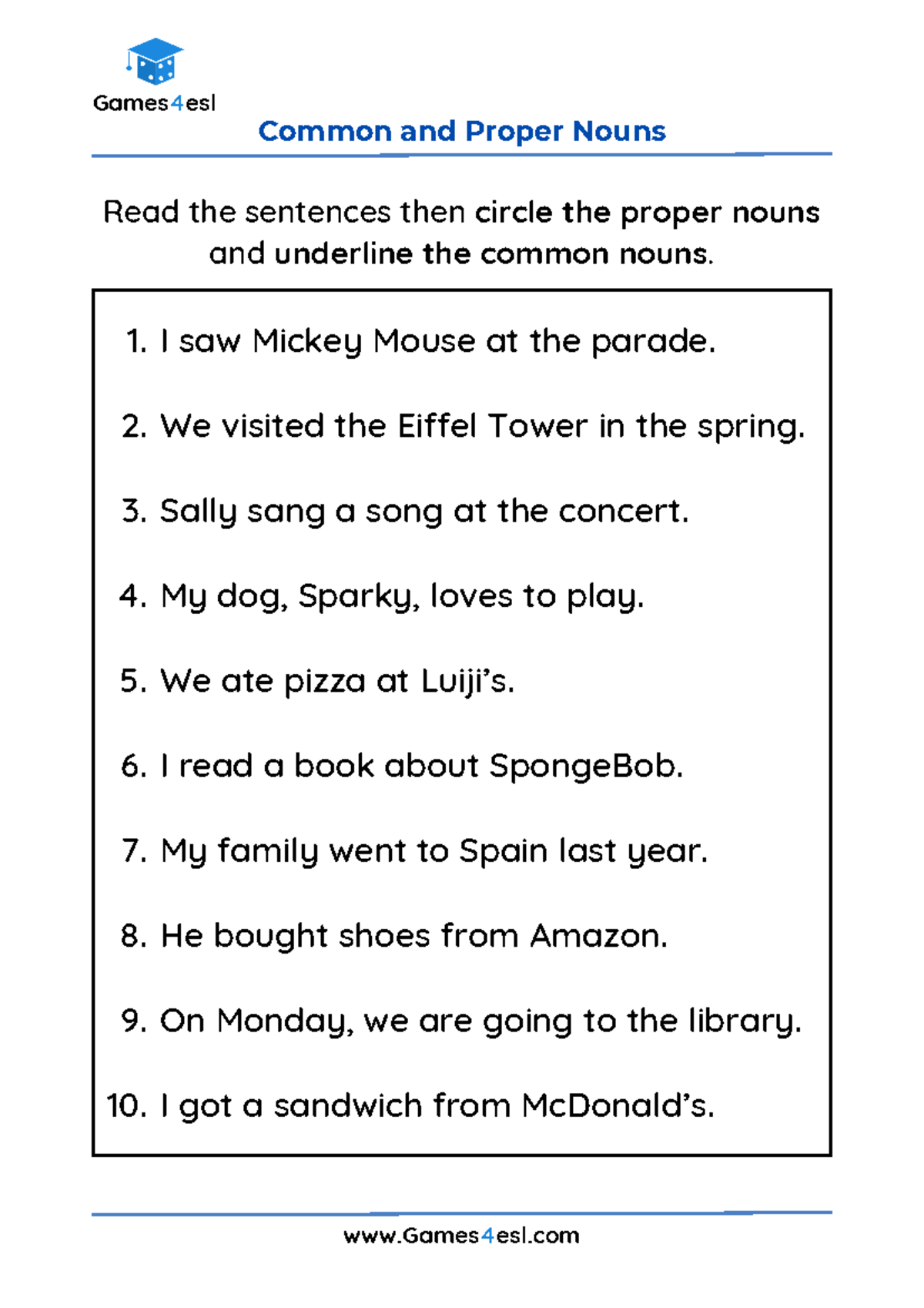 Common and Proper Nouns Worksheet 4: Identifying Nouns Activities - Studocu