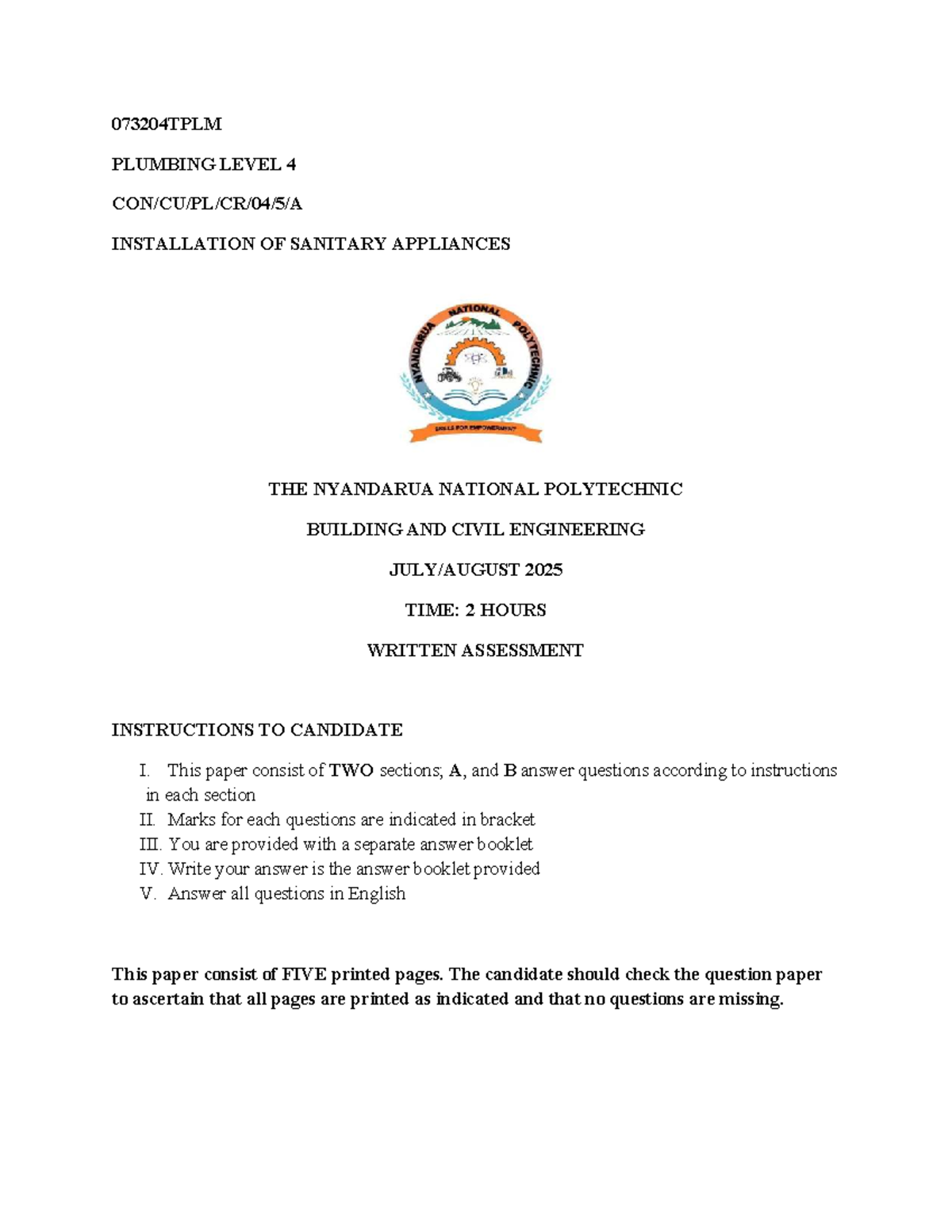 073204TPLM Plumbing Level 4: Installation of Sanitary Appliances Exam ...