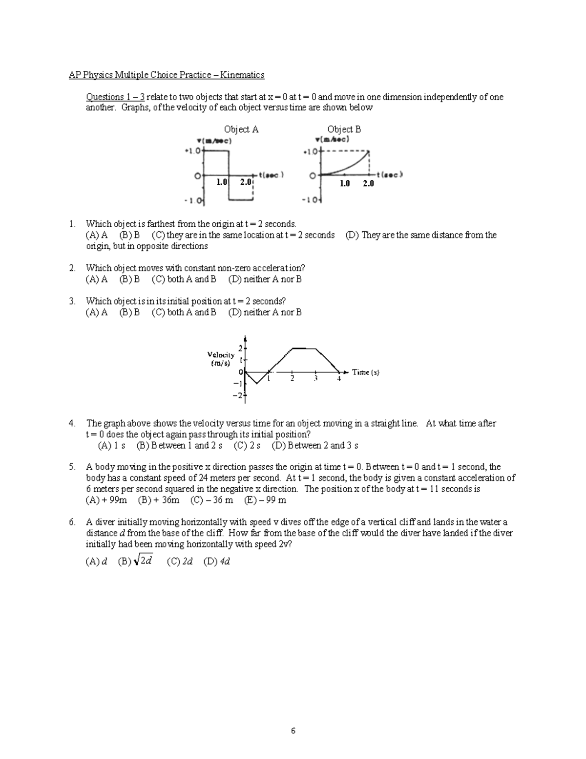 AP Physics Kinematics - good - AP Physics Multiple Choice Practice ...